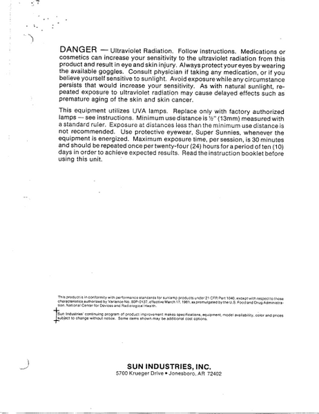 Sun Inc. Suntanna SB-9 1983-87 Tanning Bed Manual