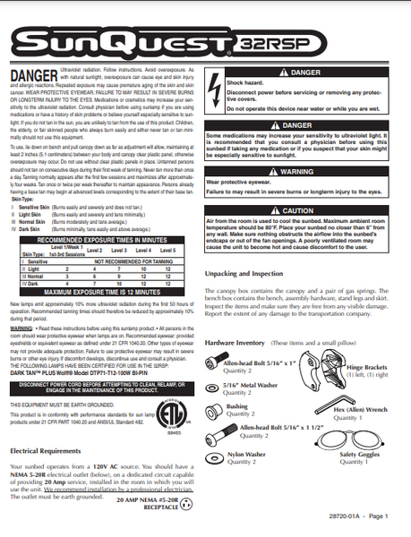 Sunquest 32 RSP Tanning Bed Manual